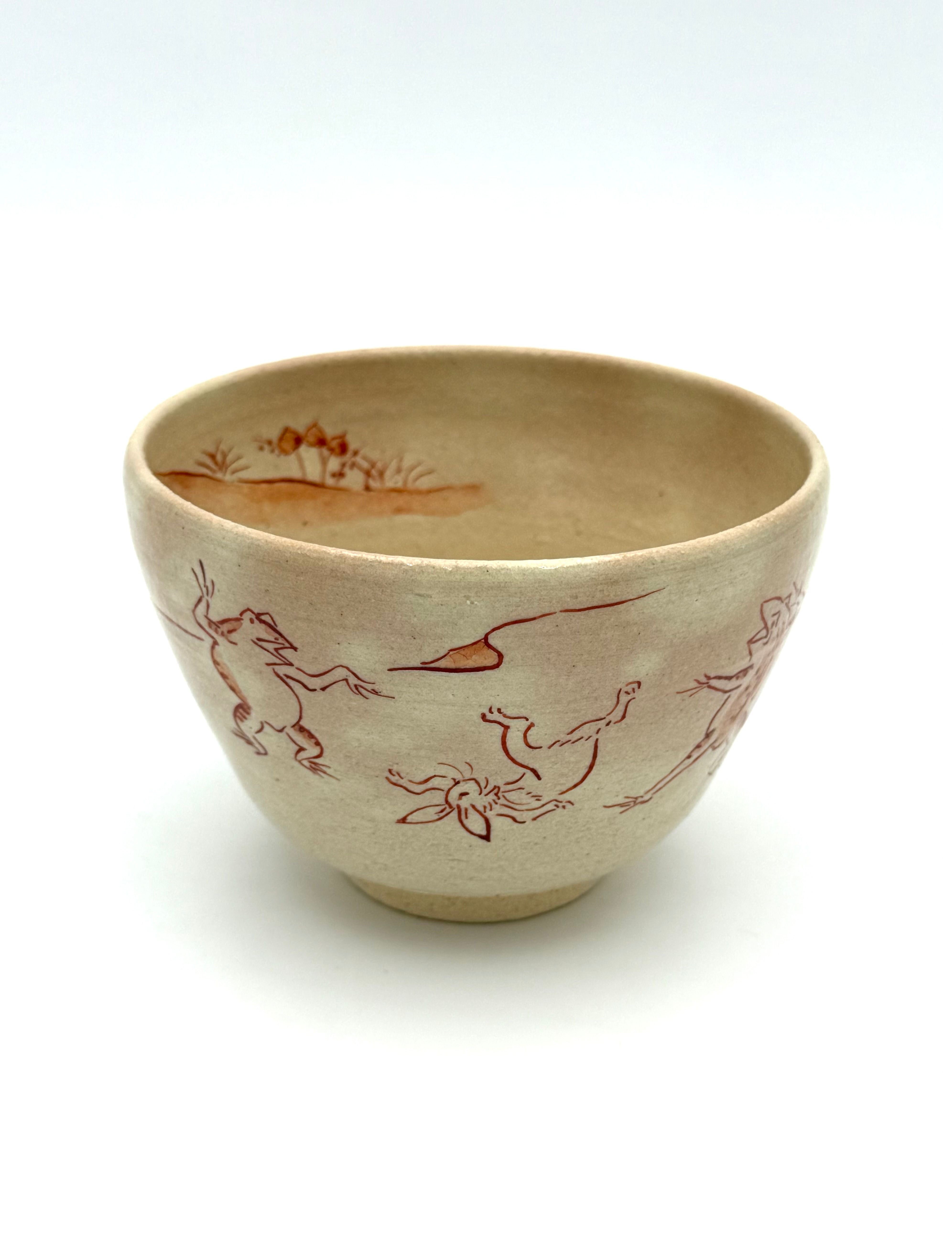 Kyo Yaki (Ware) Matcha Bowl and Painted Frolicking Animals(Choju-Giga ...