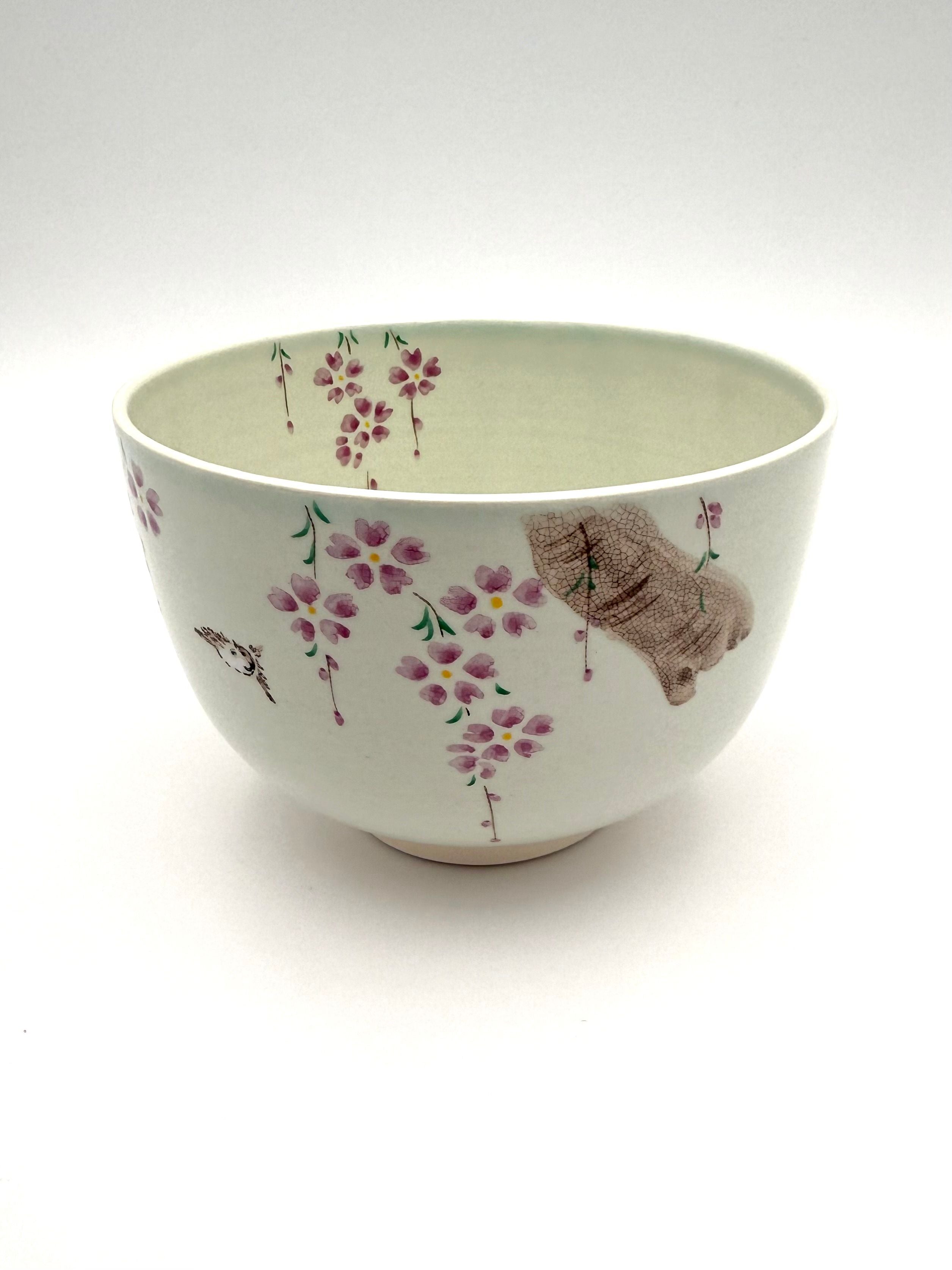 Kyo Yaki (Ware) Matcha Bowl Hand Painted Cherry Blossom and Sparrow ...